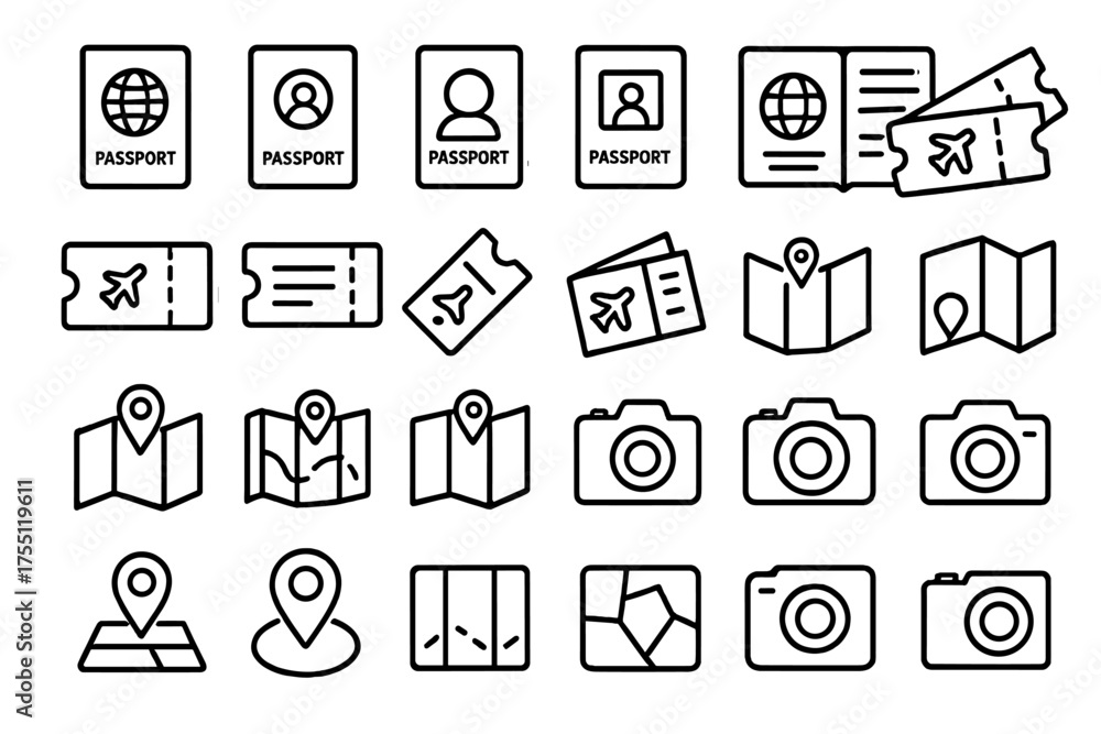 Collection of travel-related icons featuring passports, tickets, maps ...