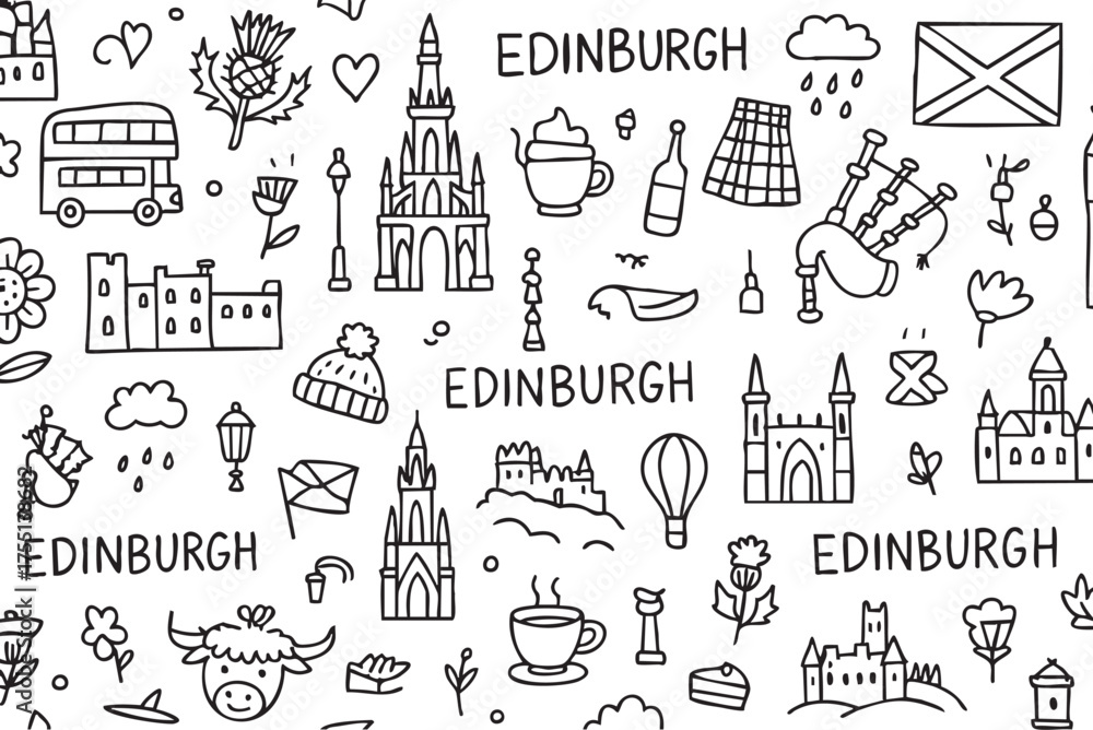 Edinburgh doodle pattern with iconic symbols of scottish culture and ...