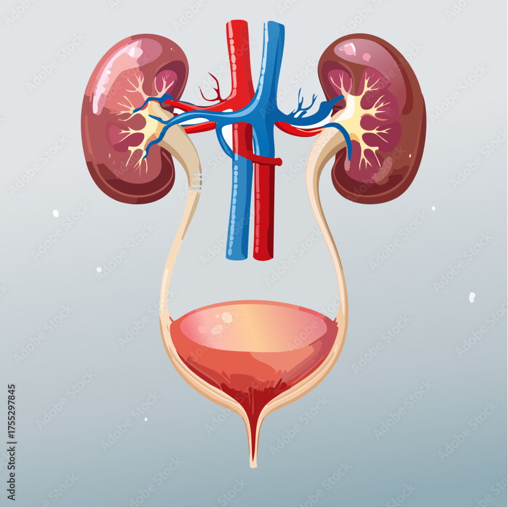An illustration of the human urinary system, showing the kidneys ...