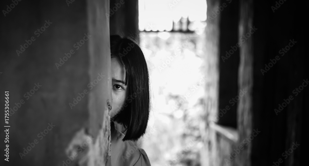 Teen girl with eye sad and hopeless. Human trafficking and fear child ...