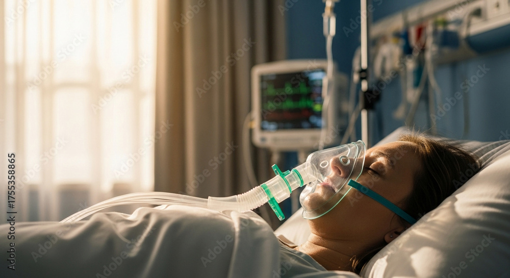 A patient resting in a hospital bed with an oxygen tube mask, gentle ...