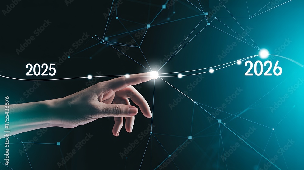 Technological Timeline – Hand Touching Glowing Path from 2025 to 2026 ...
