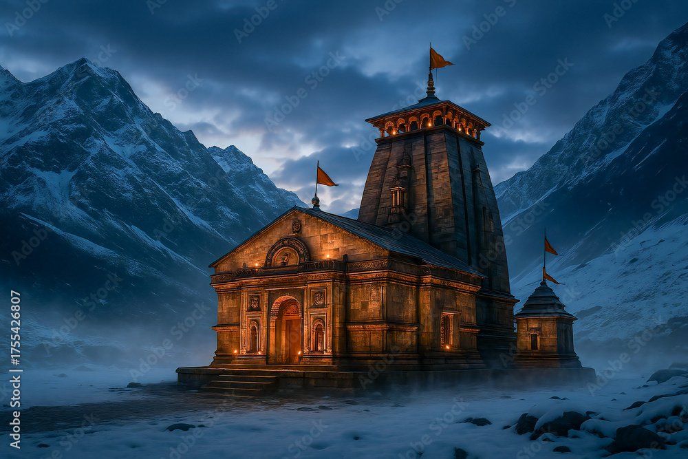 Cinematic shot of Kedarnath Shiva temple with snow mountain, night view ...
