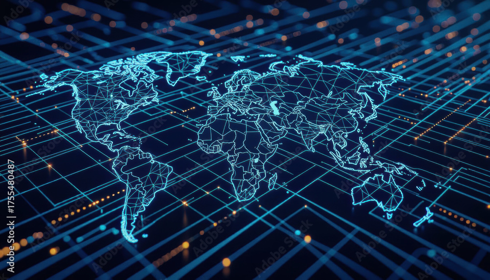 Innovative world map with global data stream technology. glowing blue ...
