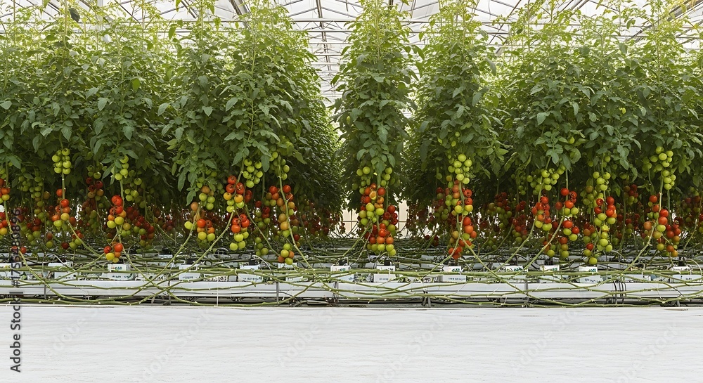 Rows of tall tomato plants with ripe and unripe fruit growing in a ...