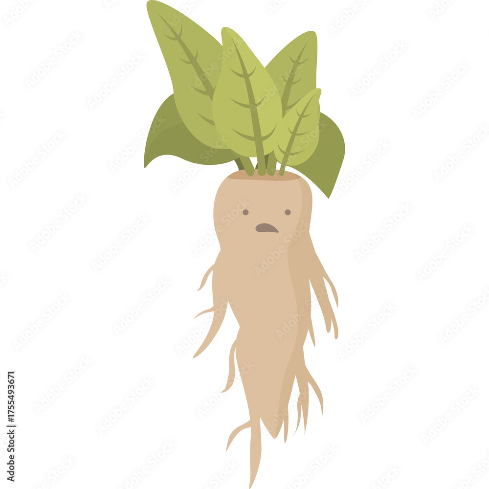 Cartoon sad mandrake root character with green leaves and tan body on a ...