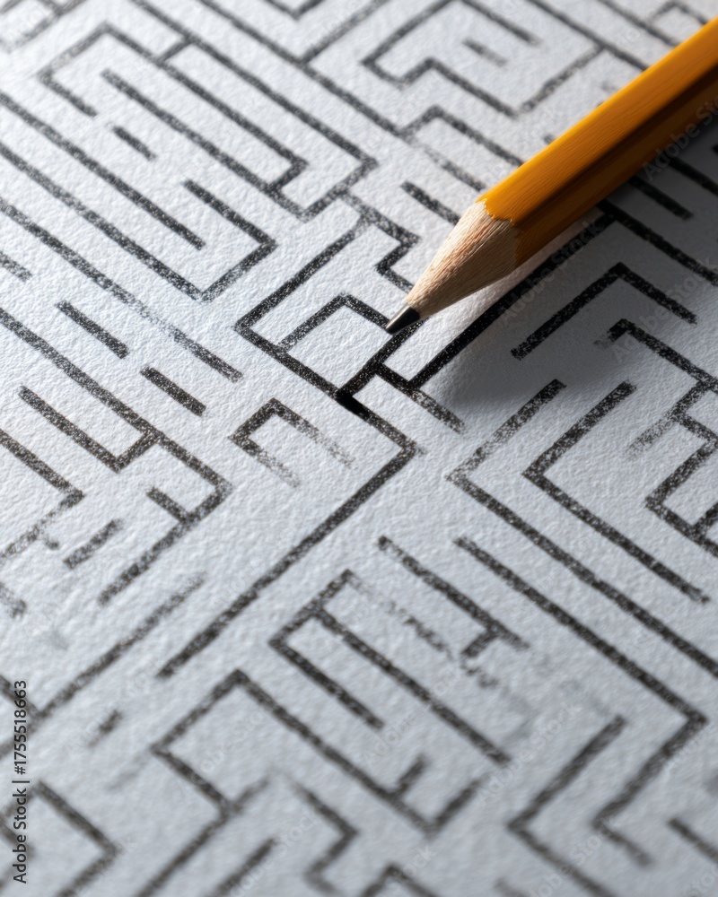 Paper maze with pencil drawing a clear path through it, representing ...
