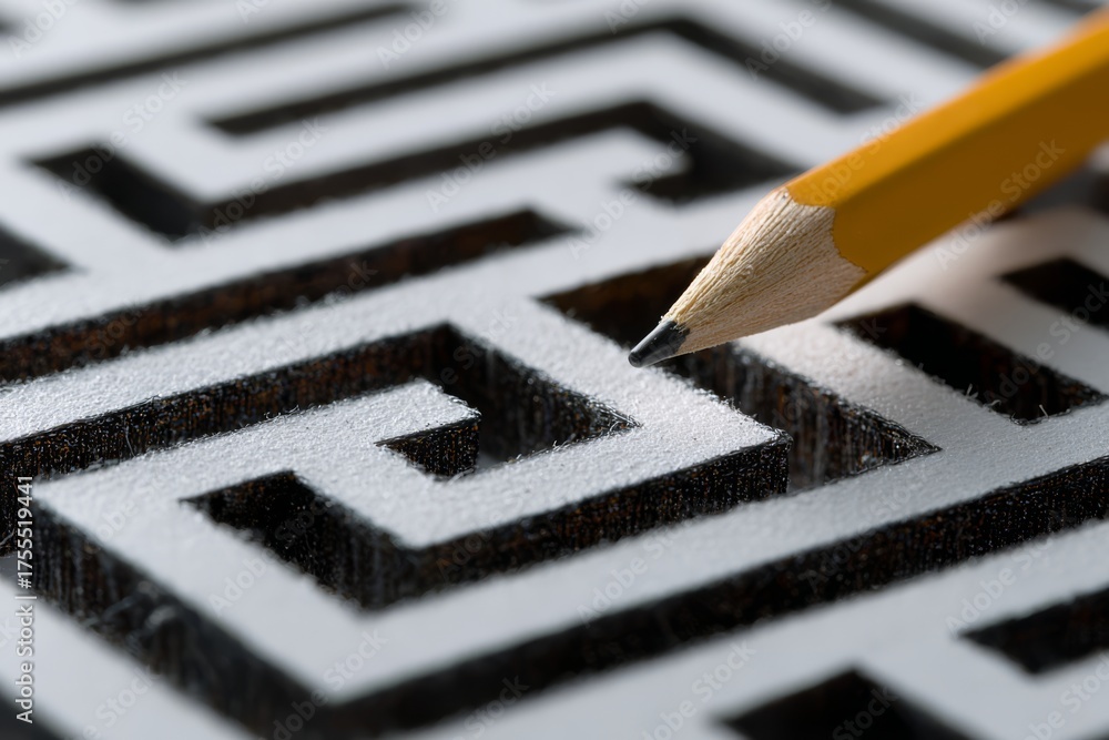 Ilustracja bez tantiem: Paper maze with pencil drawing a clear path ...