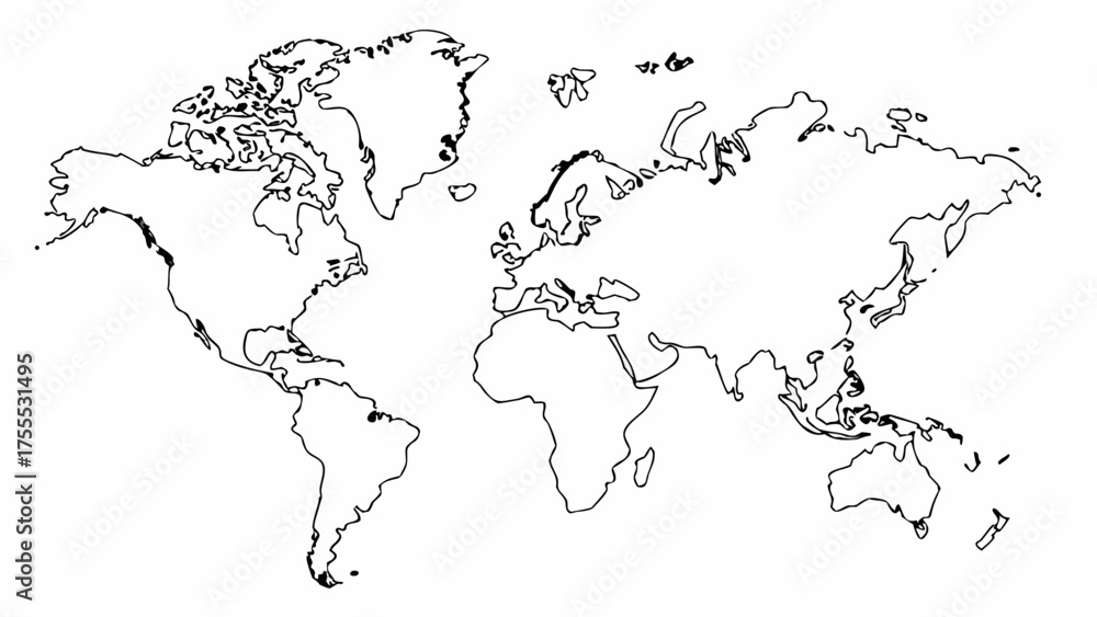 Detailed outline of the world map showing continents and islands in a ...