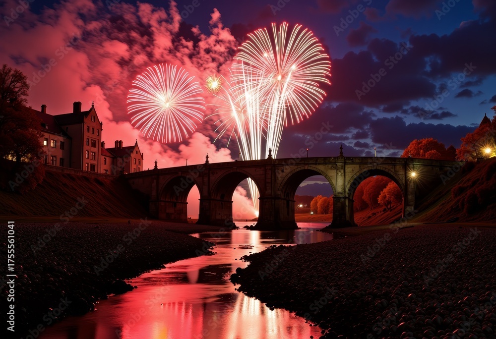Spectacular Fireworks Display Illuminating the Night Sky Over Historic ...