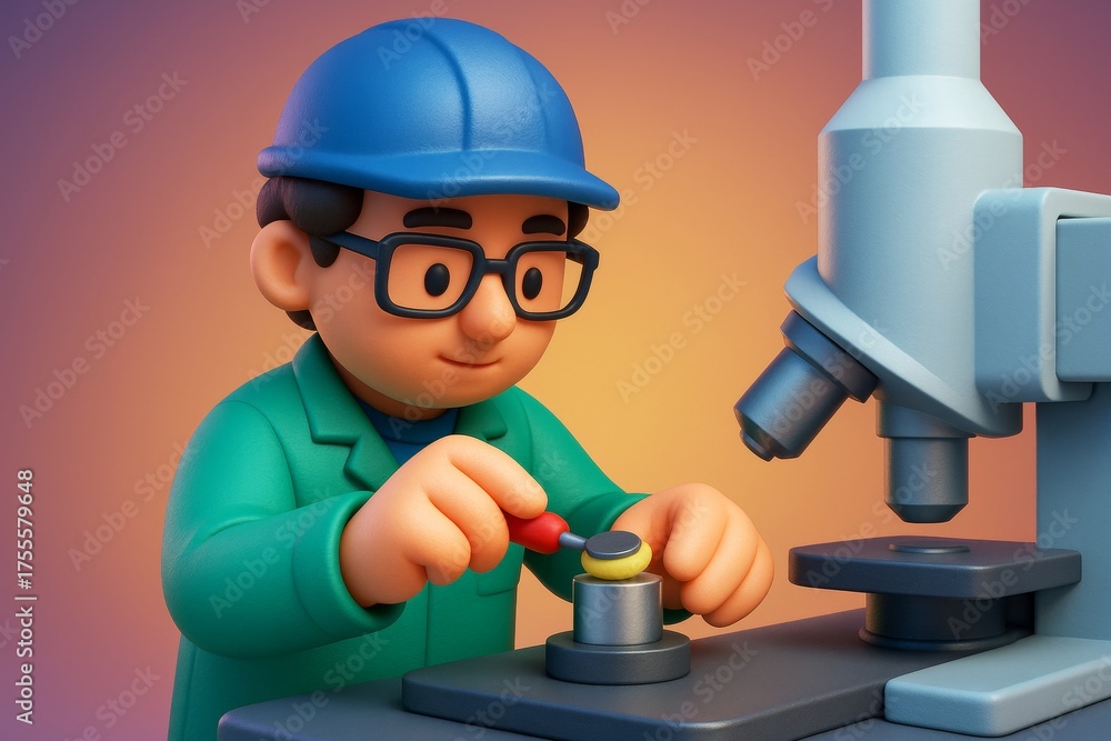 Cartoon scientist character using lab microscope and preparing sample ...
