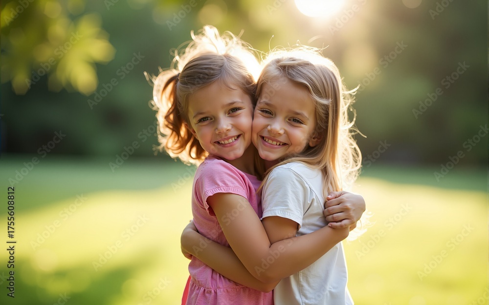 Happy siblings hugging lovingly in summer park. Young children brother ...