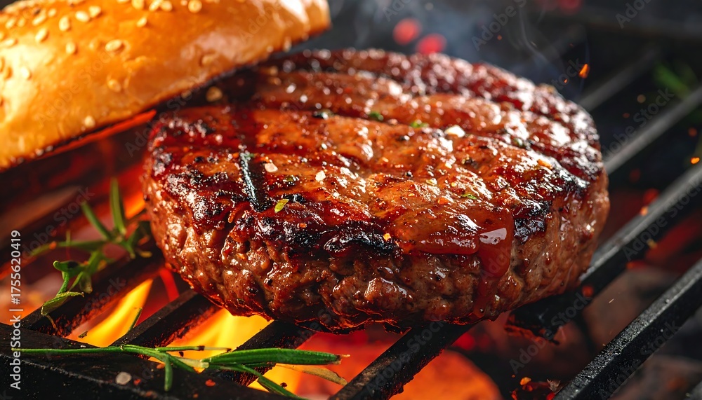 Juicy burger patty on a grill with flames, rosemary, and sesame seed ...