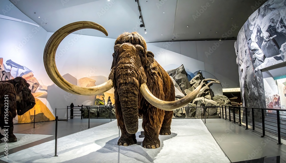 Woolly mammoth display in a museum hall, focusing on the large, shaggy ...