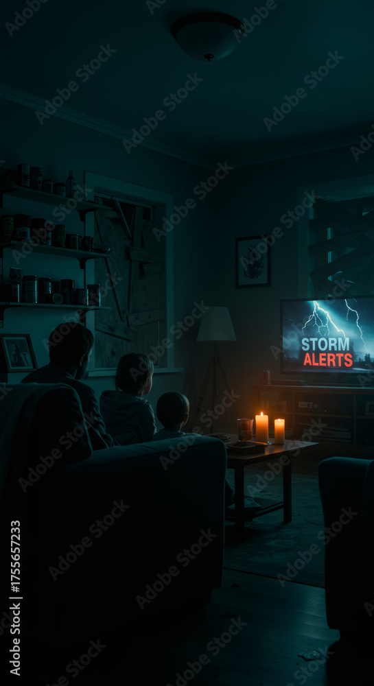 Man and kids watching storm alerts on television during power outage ...