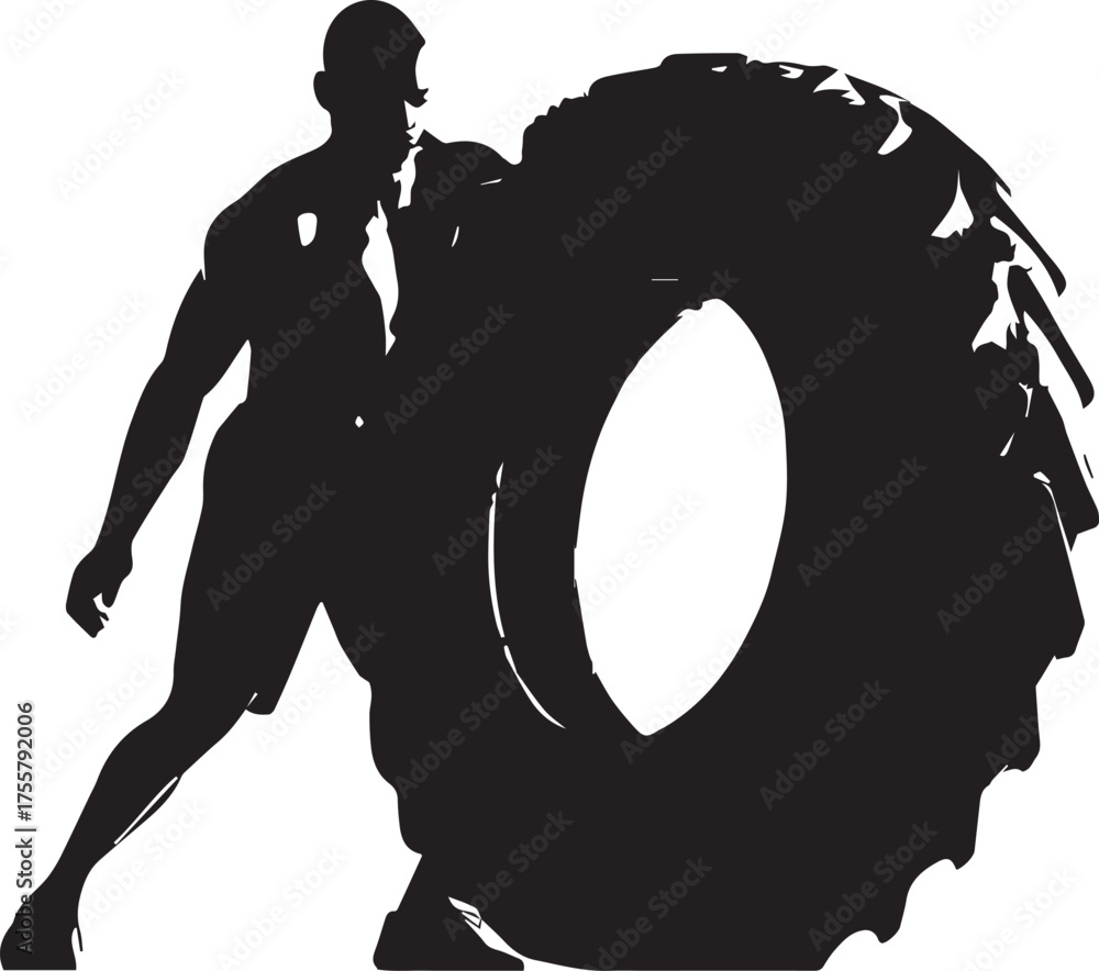Silhouette of Athlete Flipping Large Tractor Tire in Strength Training ...