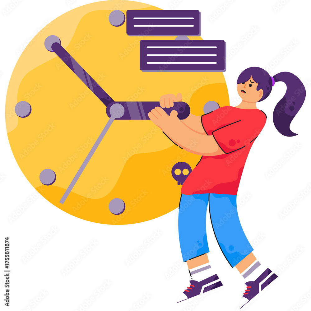 Stressed Woman Struggling To Hold Back Time On A Giant Yellow Clock ...