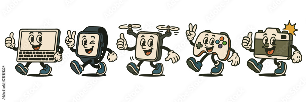 Vintage technology mascots featuring computer gadgets like smartwatch ...