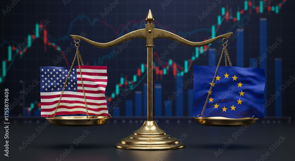 US and EU flags on balance scale with financial charts, concept of ...