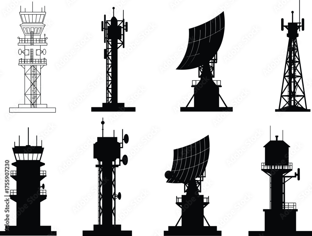 Silhouette and Line Art of Communication Towers, Radar Antennas, and ...