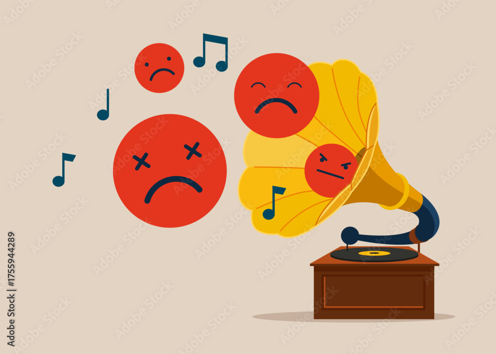 Sad music. Angry faces out of the gramophone. Attracting attention ...