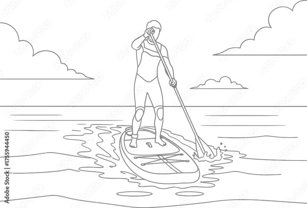 Stand Up Paddle Boarding SUP Man Line Art Outline Drawing Vector ...