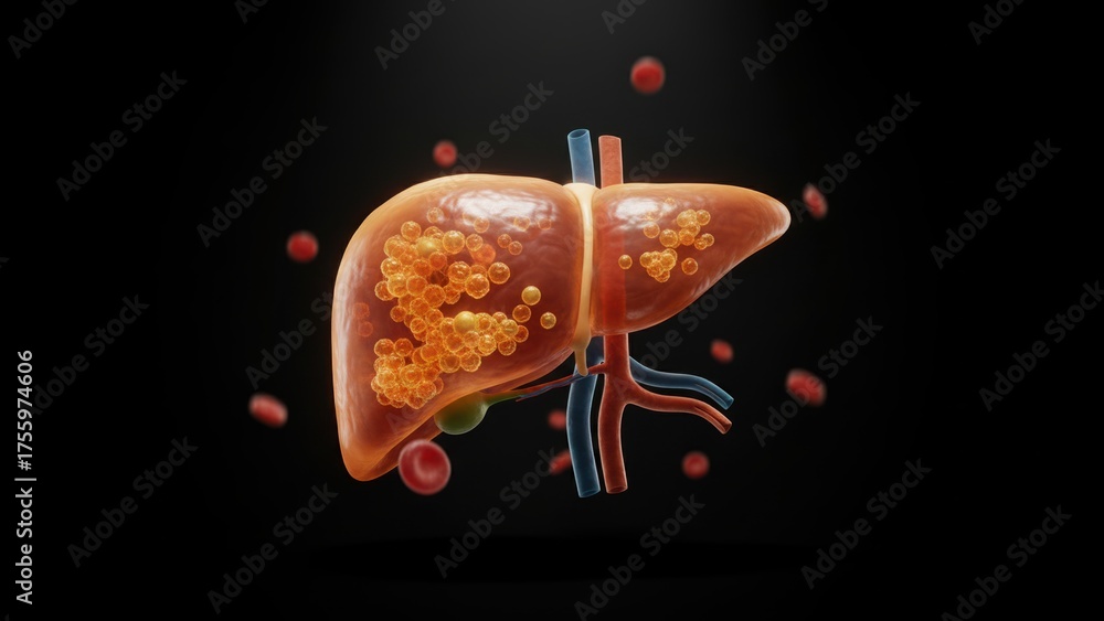A floating 3d liver with amber nodules and red blood cells, showing ...