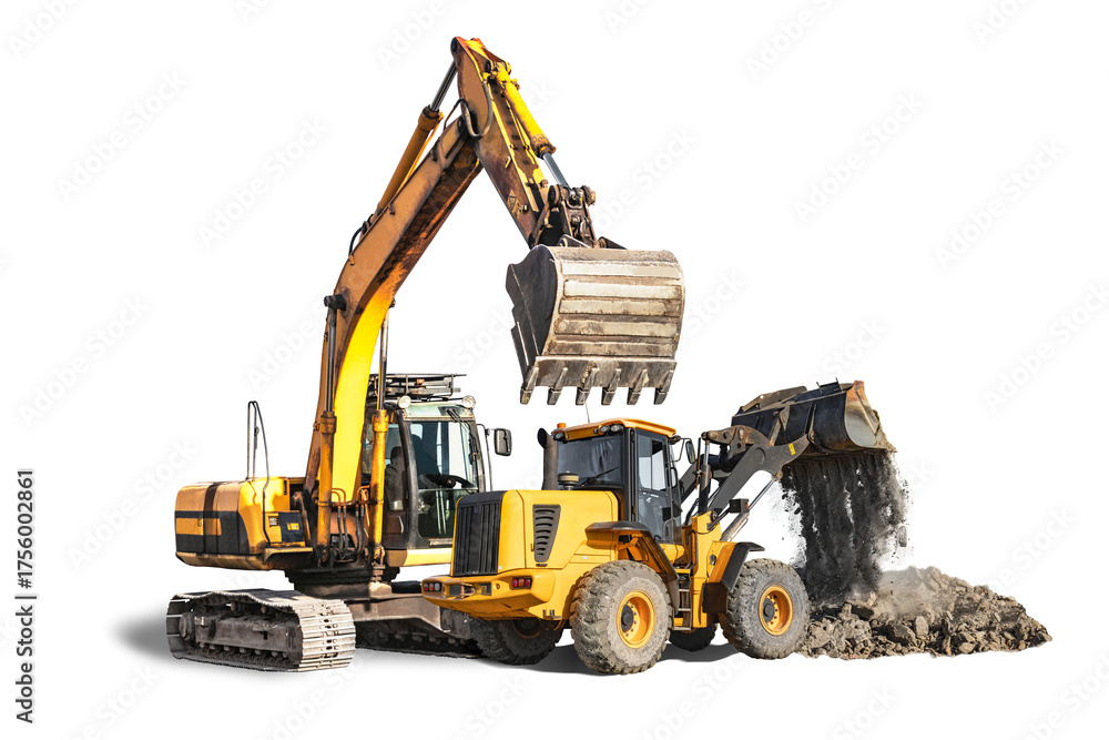 Stock-Foto „Large yellow excavator and loader operate on site, digging ...