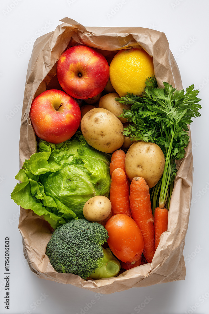 Fresh vegetables and fruits in paper bag ready for meal preparation ...