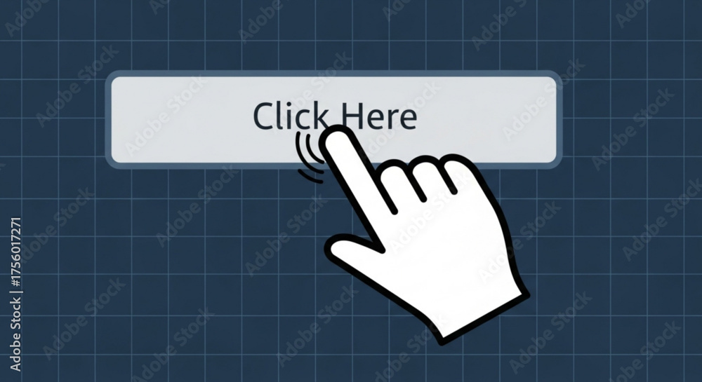 A hand clicks a rectangular button labeled click here on a blue gridded ...
