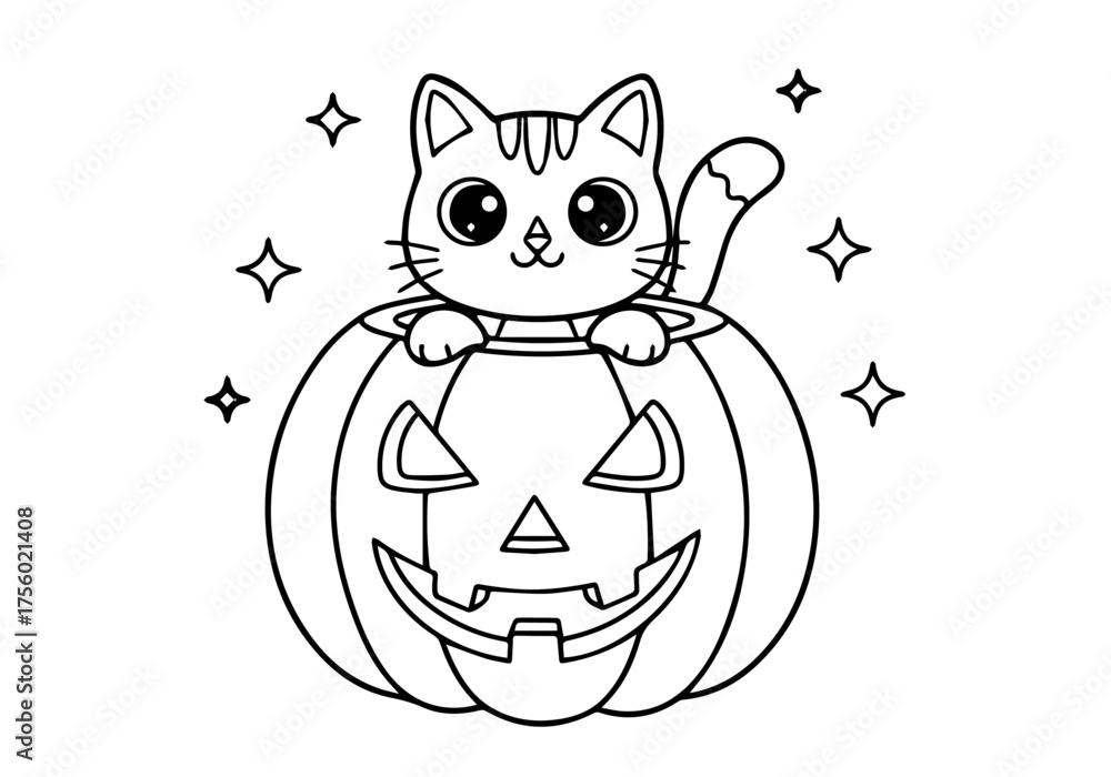 Cute Cat Peeking Out of a Halloween Pumpkin Coloring Page for Kids and ...