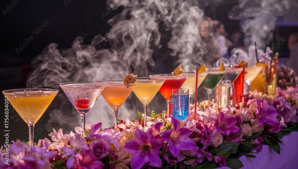 Colorful alcohol cocktails arranged in a neat row at an outdoor ...