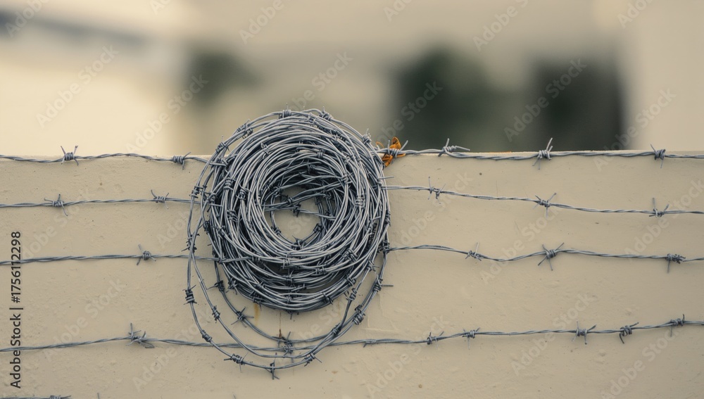 Coiled barbed wire secured to a metal fence with an industrial beige ...