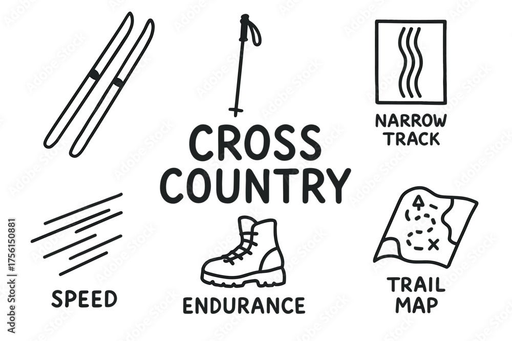 Vector de Stock Black outline icons of cross-country skiing equipment ...