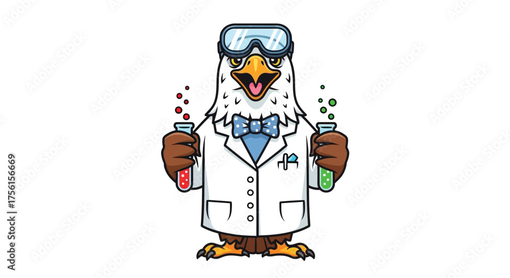 Cartoon illustration of a bald eagle scientist in a lab coat and ...