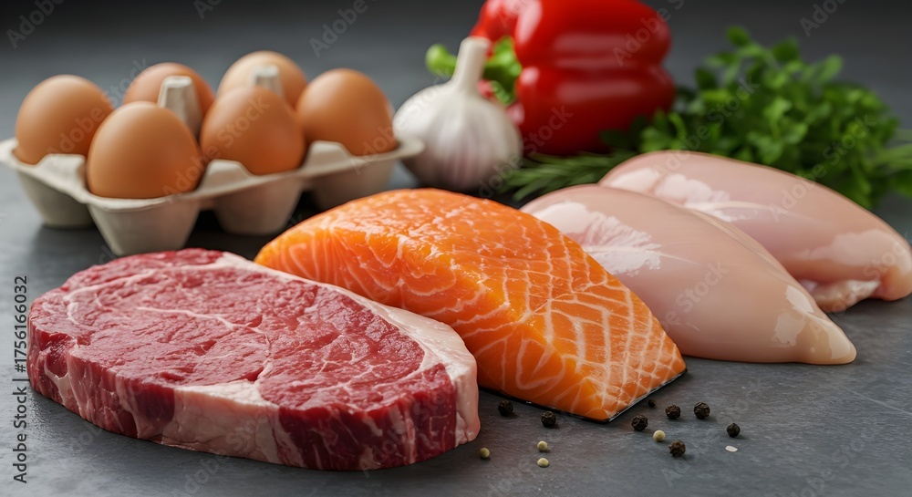 Stock-Foto „Assortment of raw protein sources including beef steak ...