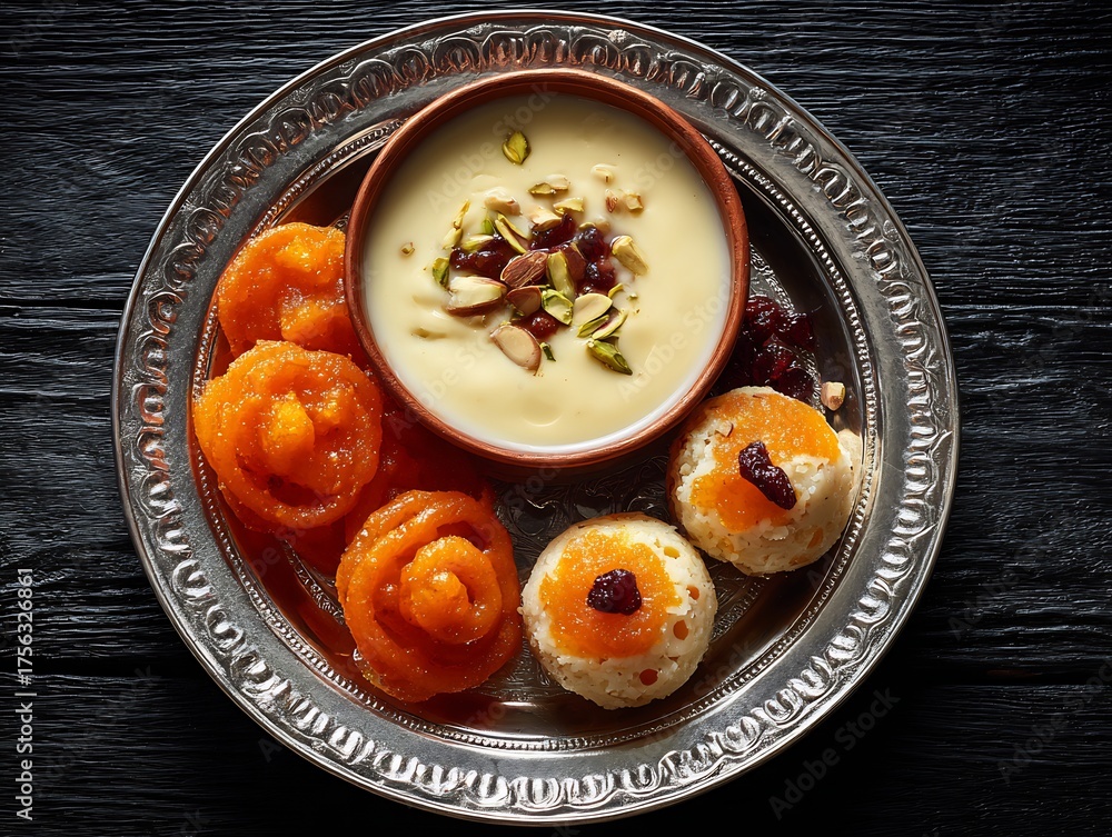 Overhead view of a silver plate showcasing an array of indian sweets ...