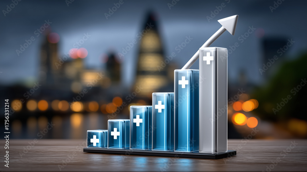 Healthcare growth chart with plus sign and upward arrow on wood surface ...