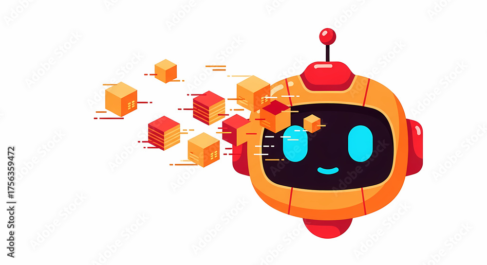 Friendly orange robot character interacting with floating data blocks ...