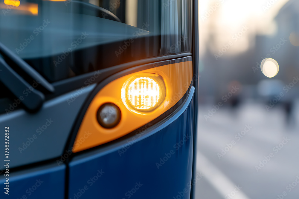 Illuminated Bus Headlight: A close-up capturing the bright glow of a ...