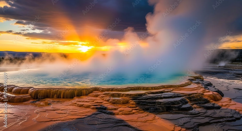 Grand prismatic spring at sunset in yellowstone national park, wyoming ...