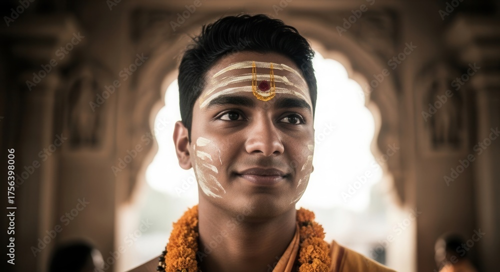 Portrait of a young Hindu man with sacred tilak markings and a marigold ...