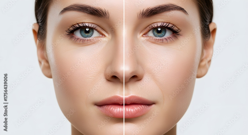 Foto de Stock Split face reveals skin differences, showcasing aging vs ...