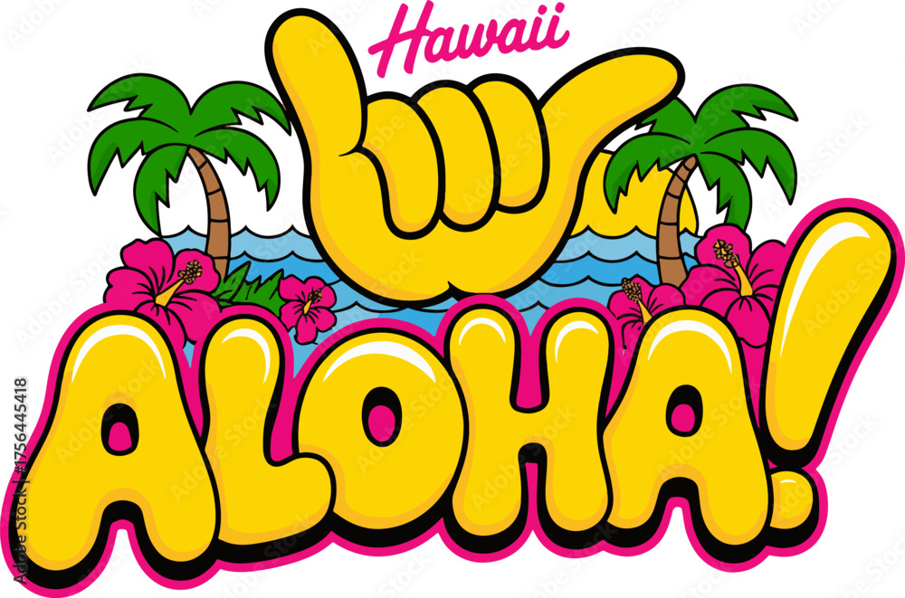 Hawaii Aloha with Shaka Sign Palm Trees and Flowers | Vector ...