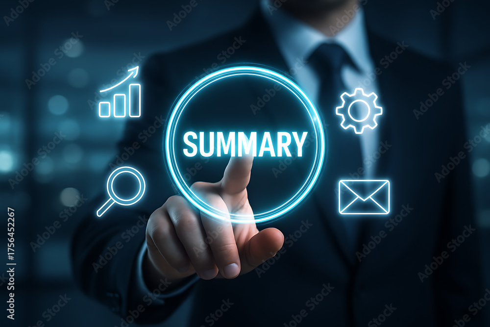 Professional businessman touching glowing circular summary button with ...
