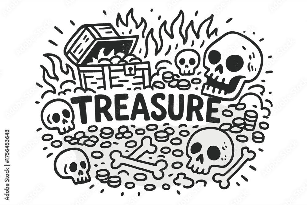 Cursed Treasure Doodle. Doodle cursed treasure with skulls, fire, and ...