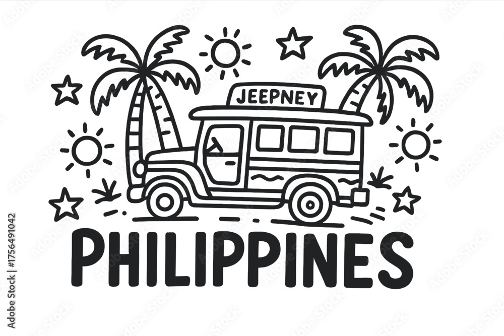 Jeepney Doodle Delight. Doodle filipino jeepney with palm trees, suns ...