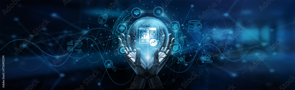 Hand of robot holding web analytics dashboards tracking metrics, data ...