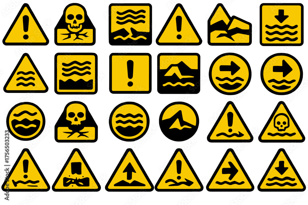 Warning signs illustrating potential hazards related to water and ...
