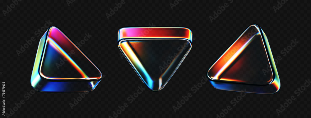 3D crystal glass triangles with holographic neon gradient and prism ...